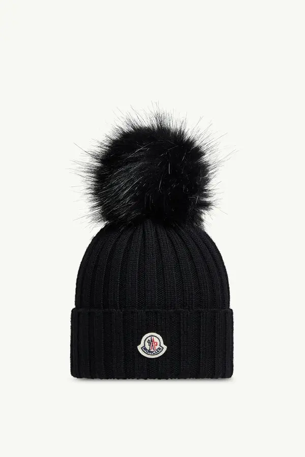 Moncler Wool Beanie With Faux Fur Pom Pom - Black
