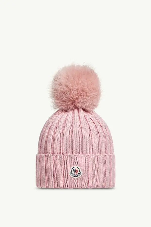 Moncler Wool Beanie With Faux Fur Pom Pom - Pink