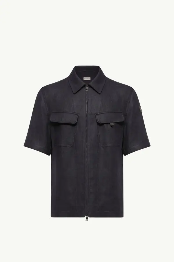 Moncler Linen Twill Short Sleeve Zip-up Shirt - Blue