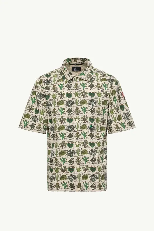 Moncler Botanical Print Cotton Blend Short Sleeve Shirt