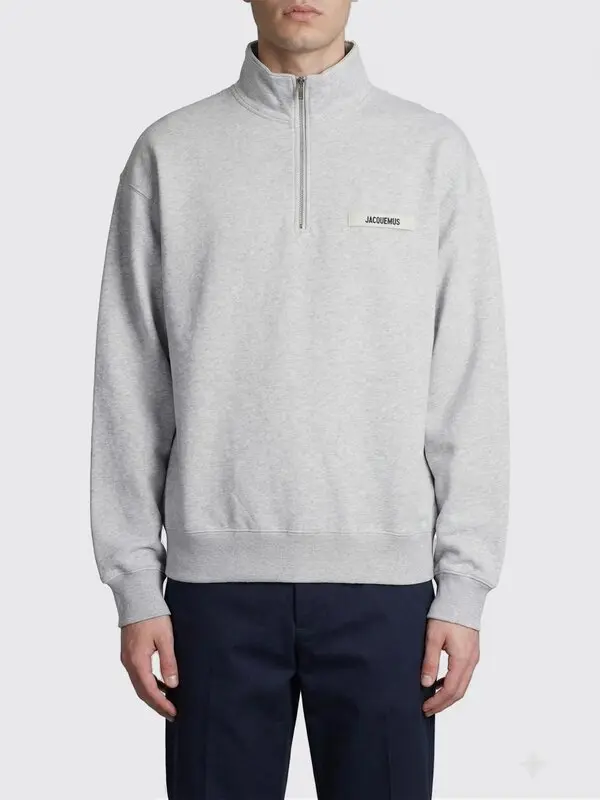 Jacquemus High Neck Relaxed Fit Cotton Jumper With Zip - Grey