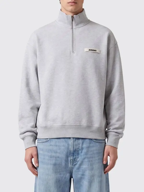 Jacquemus High Neck Relaxed Fit Cotton Jumper With Zip - Grey
