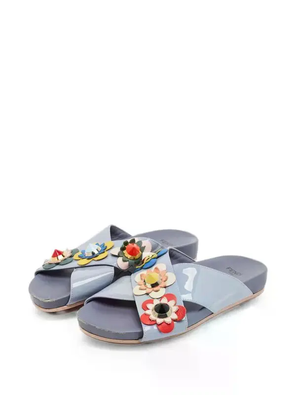Fendi Floral-appliqué Patent-leather Flat Sandals - Blue