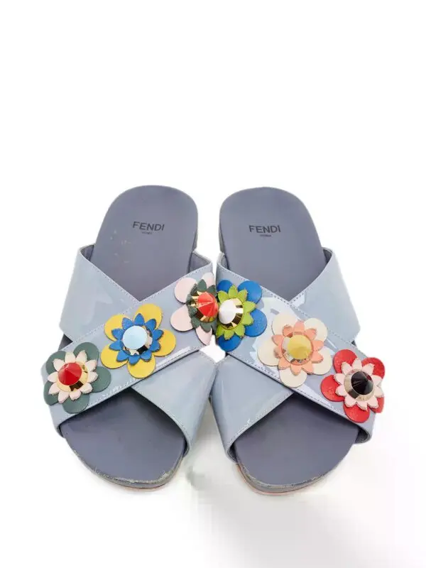 Fendi Floral-appliqué Patent-leather Flat Sandals