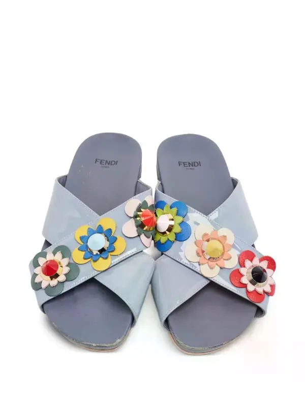Fendi Floral Appliqué Patent Leather Flat Sandals - Blue