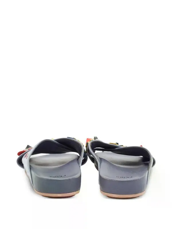 Fendi Floral Appliqué Patent Leather Flat Sandals - Blue