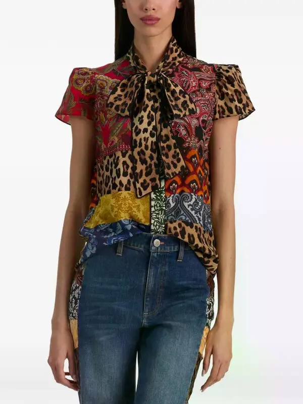 Alice + Olivia Jeannie Patchwork-print Pussy-bow Blouse