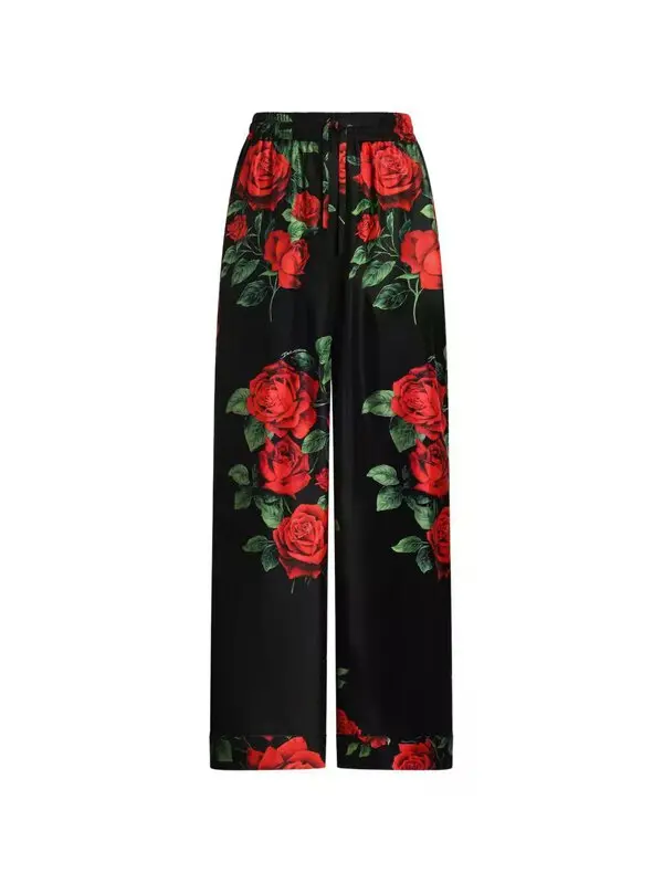 Dolce & Gabbana Rose-print Vanity Silk Trousers - Black