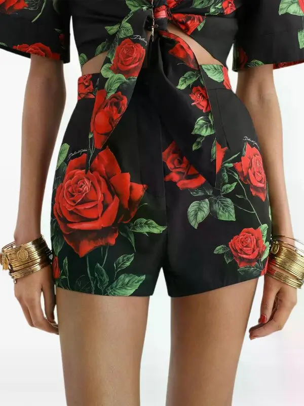 Dolce & Gabbana Rose Print Poplin High-waisted Shorts