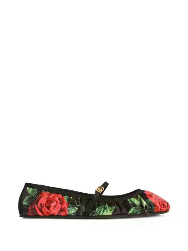 Dolce & Gabbana Rose-print Satin Ballet Flats - Black