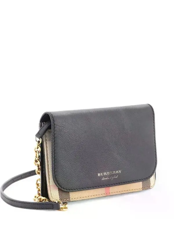 Burberry Hampshire Wallet On Chain Leather And House Check Canvas Crossbody Bag - Black