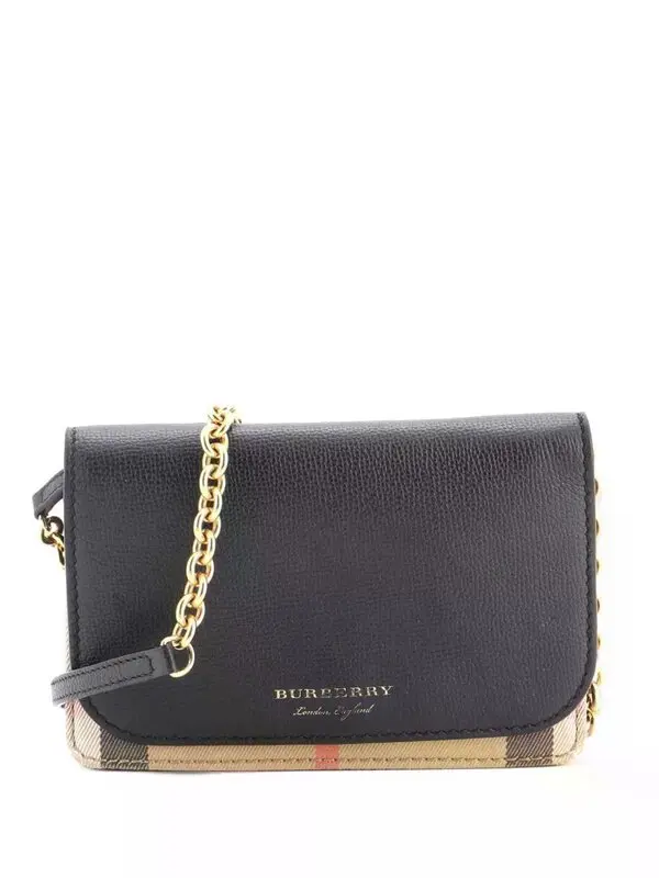 Burberry Hampshire Wallet On Chain Leather And House Check Canvas Crossbody Bag - Black