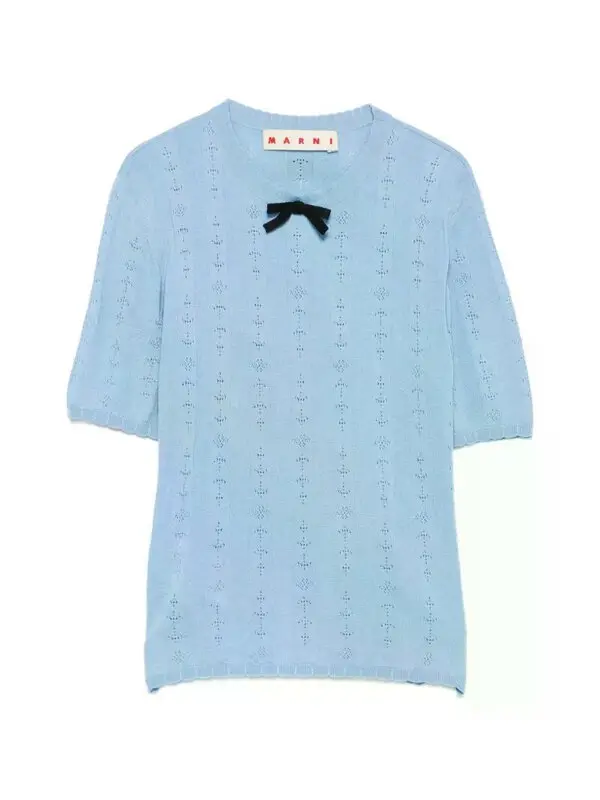 Marni Pointelle Knit T-shirt With Bow Detail - Blue