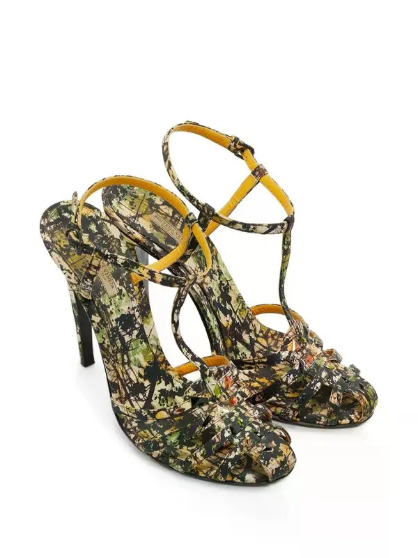 Bottega Veneta Paint-splatter Print Caged T-strap High Heel Sandals