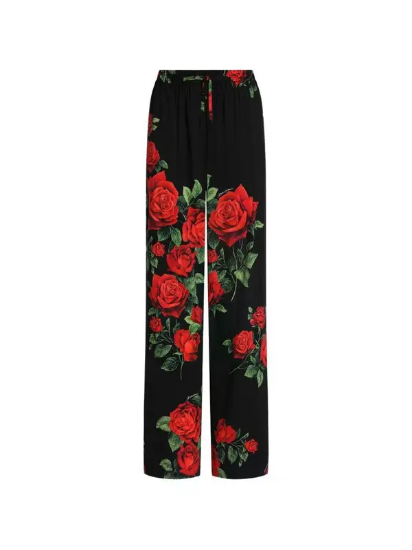 Dolce & Gabbana Rose-print Vanity Silk Trousers - Black