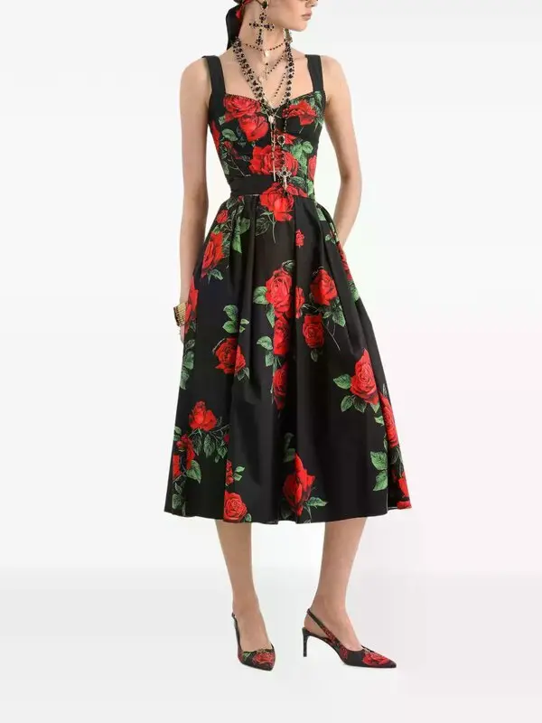 Dolce & Gabbana Rose-print Poplin Pleated Skirt