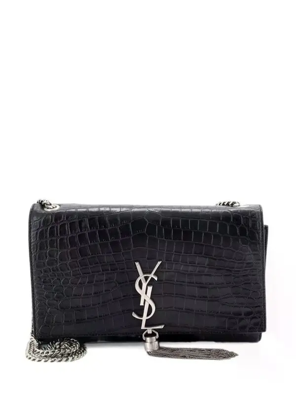 Saint Laurent Classic Monogram Tassel Crocodile Embossed Leather Medium Crossbody Bag - Black