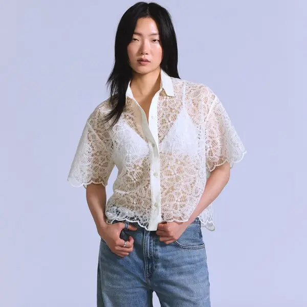 LEVI'S Lace Cropped Short-sleeve Button Down Blouse