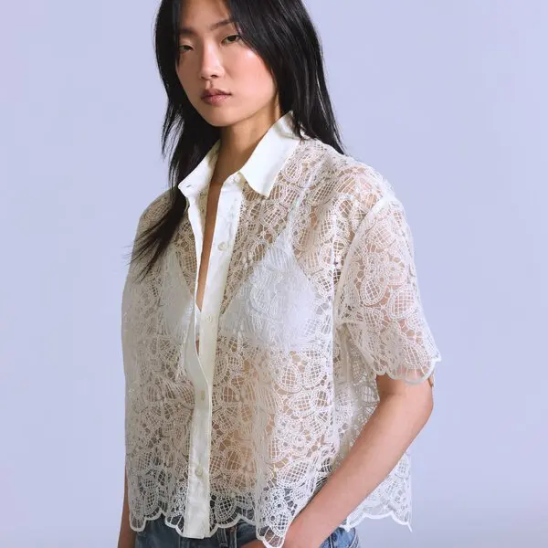 LEVI'S Lace Cropped Short-sleeve Button Down Blouse