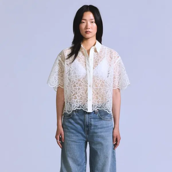 LEVI'S Lace Cropped Short-sleeve Button Down Blouse