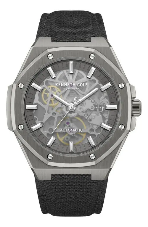 KENNETH COLE Benson Skeleton Automatic Nylon Strap Watch - Black