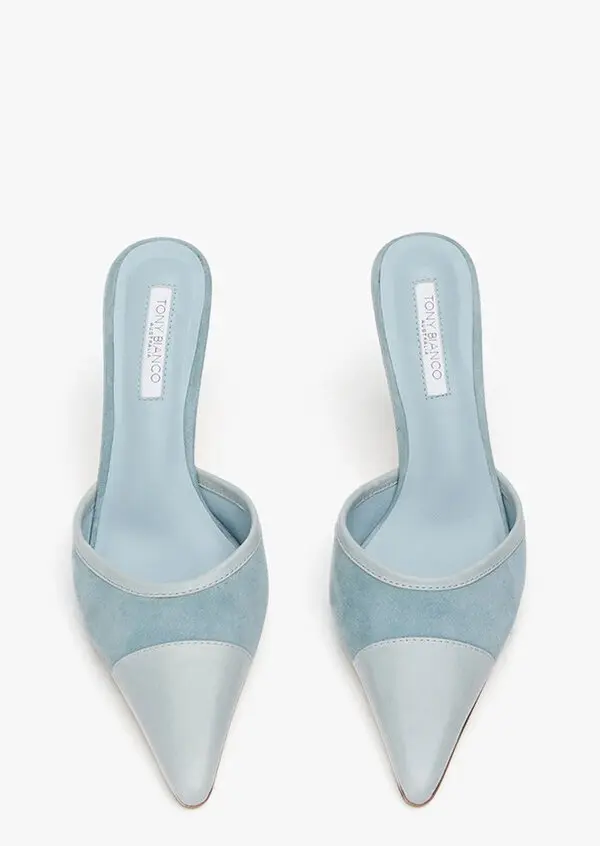 TONY BIANCO Savant Pointed Stiletto Mule With Cap Toe - Denim Suede/sky