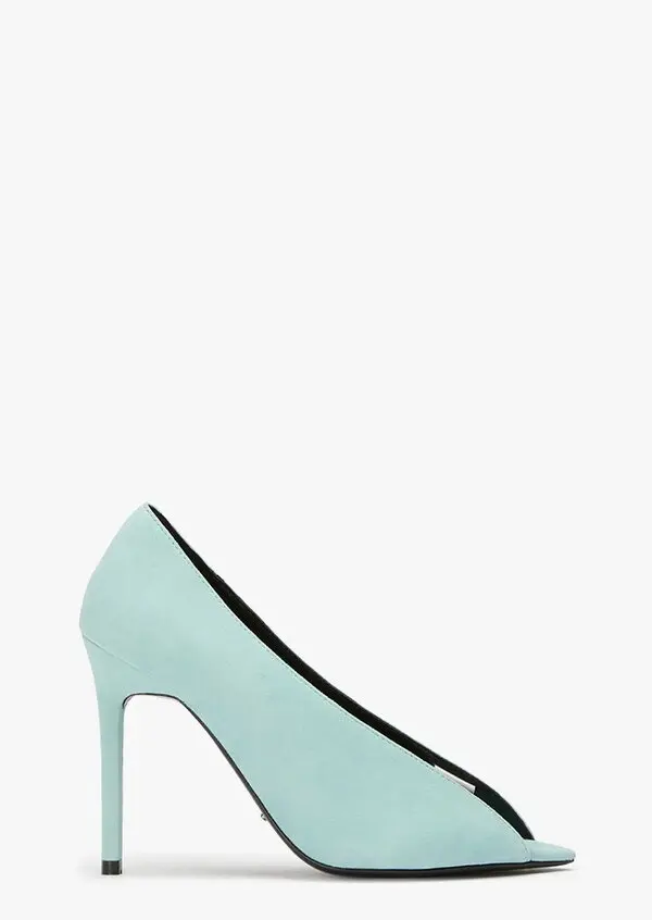 TONY BIANCO Matrix Suede Open Toe Stiletto Heels - Turquoise Suede