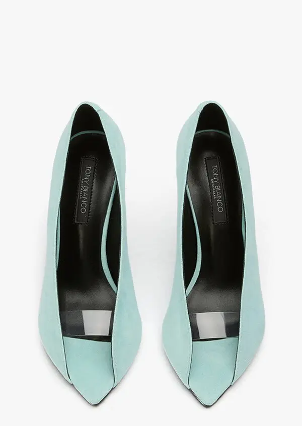 TONY BIANCO Matrix Suede Open Toe Stiletto Heels - Turquoise Suede