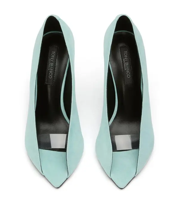 TONY BIANCO Matrix Suede Open Toe Stiletto Heels - Turquoise Suede
