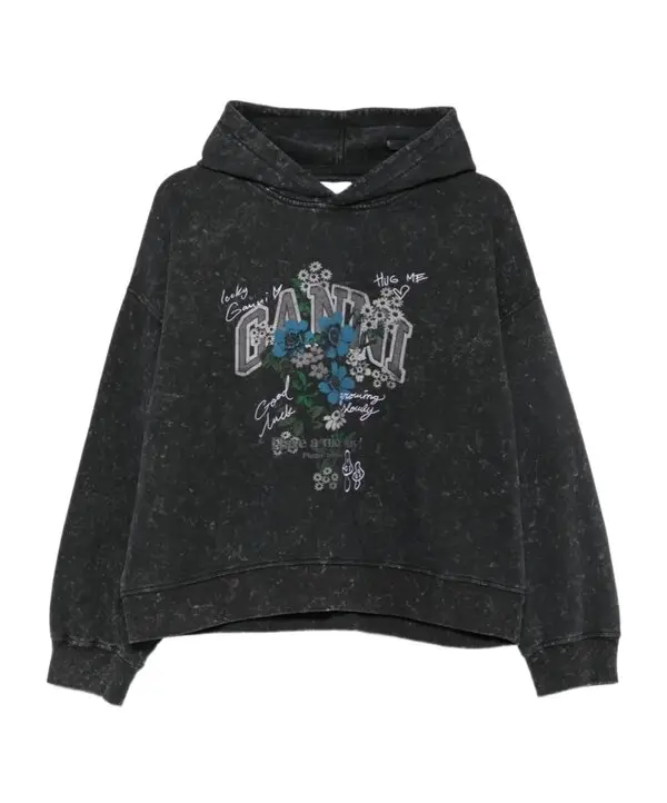 GANNI Isoli Cropped Hoodie With Graphic Print - Phantom Black