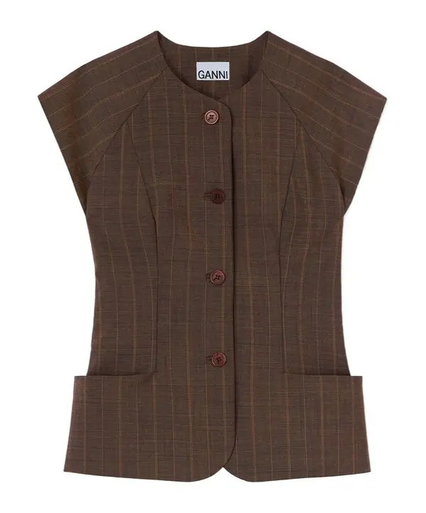 GANNI Brown Pinstripe Wool Blouse