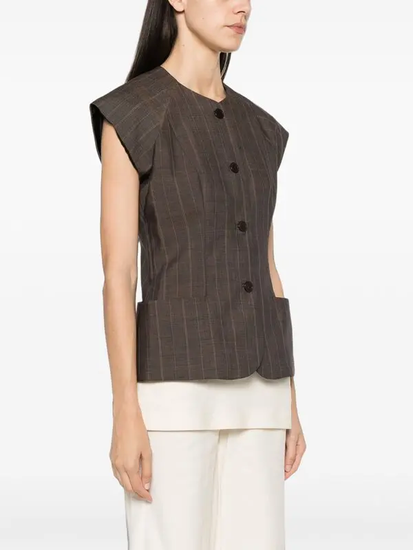 GANNI Brown Pinstripe Wool Blouse - Rain Drum