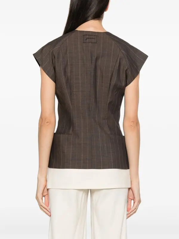 GANNI Brown Pinstripe Wool Blouse - Rain Drum