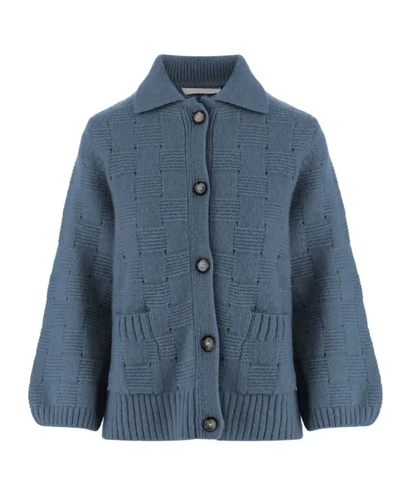 ALLUDE Textured Button-up Cardigan - Blue