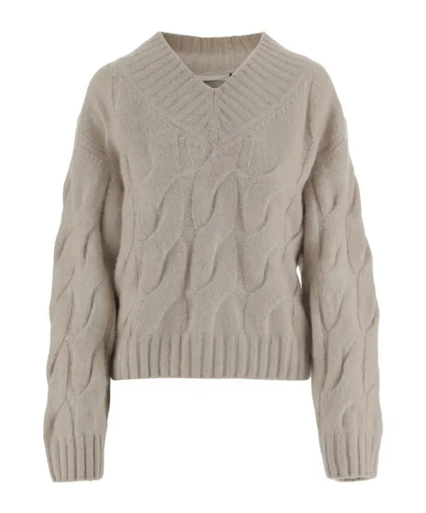 ALLUDE Cable-knit V-neck Sweater - Nude