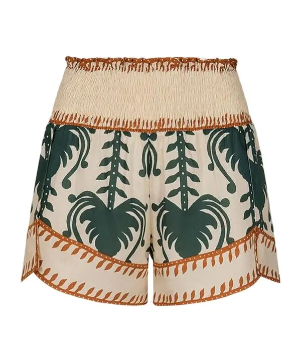 Johanna Ortiz Printed Cotton Shirred Waist Shorts