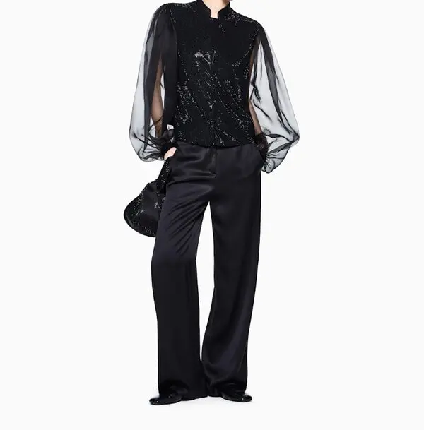 Giorgio Armani Silk Satin Palazzo Trousers With Rhinestone Trim - Black