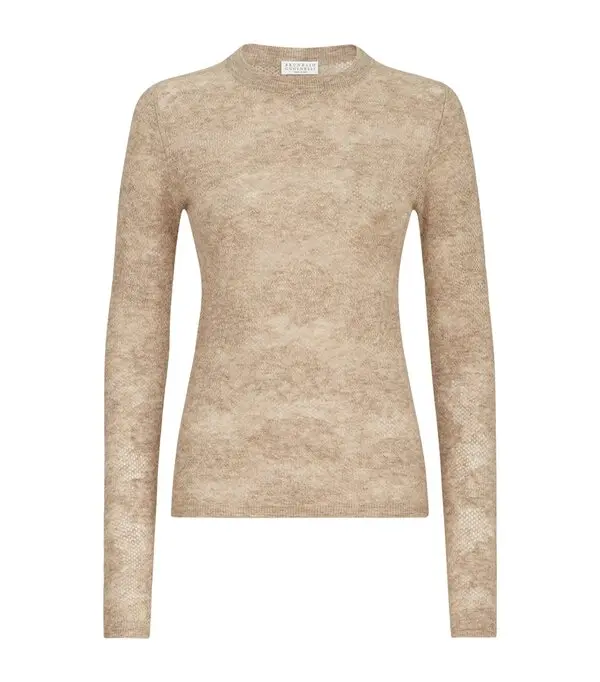 Brunello Cucinelli Silk, Alpaca, And Wool Lace Detail Sweater - Brown