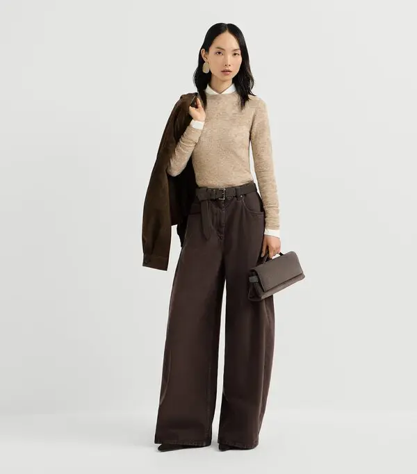 Brunello Cucinelli Silk, Alpaca, And Wool Lace Detail Sweater - Brown