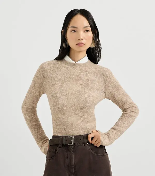 Brunello Cucinelli Silk, Alpaca, And Wool Lace Detail Sweater - Brown
