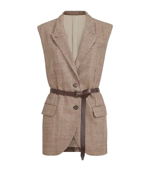 Brunello Cucinelli Wool-blend Houndstooth Sleeveless Blazer - Beige