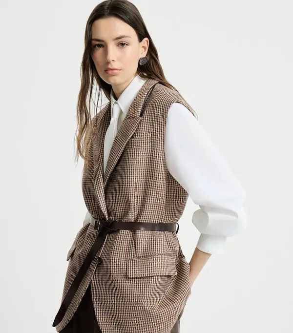 Brunello Cucinelli Wool-blend Houndstooth Sleeveless Blazer - Beige