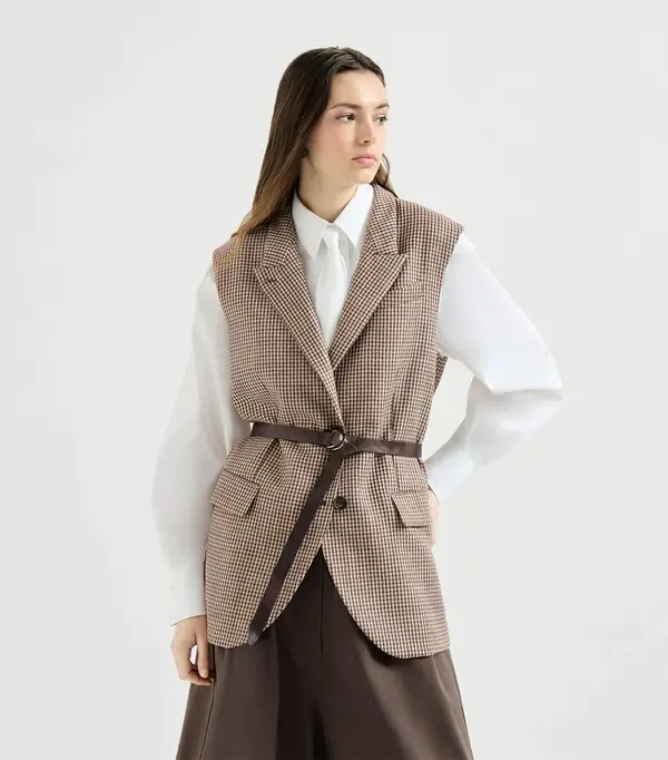 Brunello Cucinelli Wool-blend Houndstooth Sleeveless Blazer - Beige