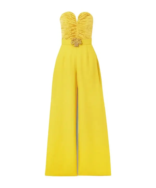 Andrew Gn Strapless Embellished Ruched Plissé-satin And Crepe Jumpsuit - No