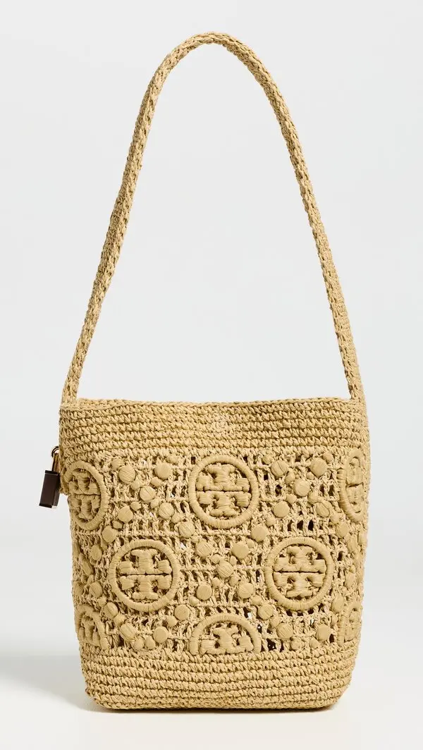 Tory Burch Lock T Monogram Crochet Bucket Bag - Natural