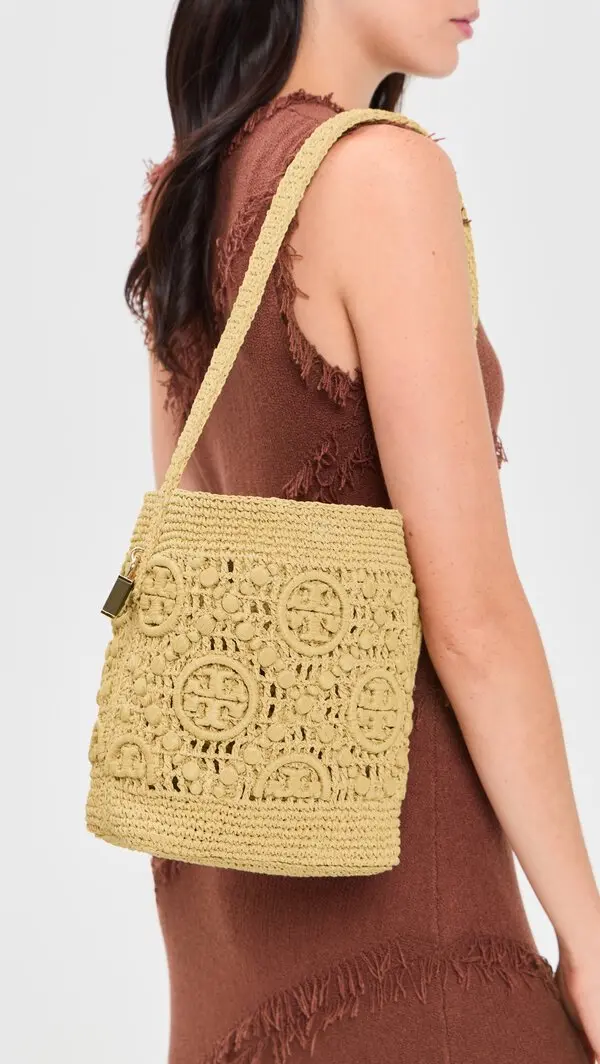 Tory Burch Lock T Monogram Crochet Bucket Bag - Natural