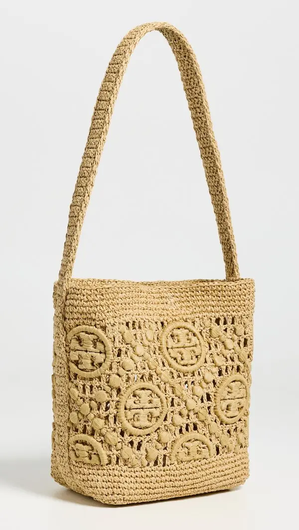 Tory Burch Lock T Monogram Crochet Bucket Bag - Natural