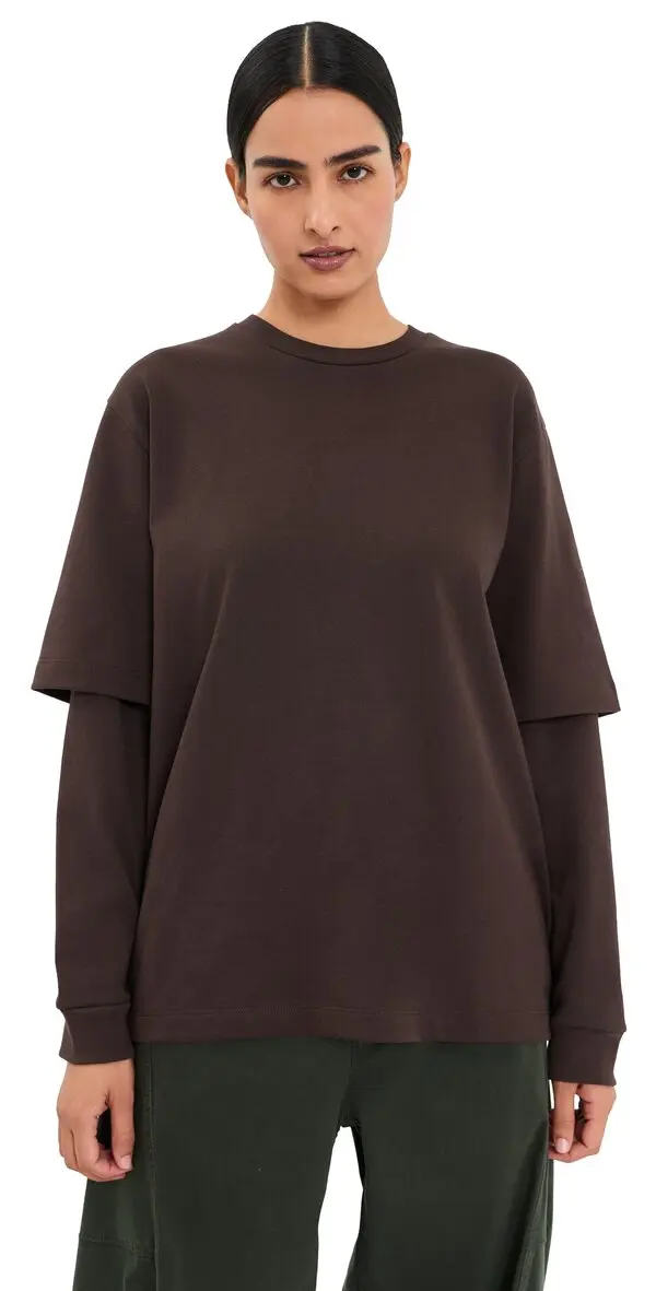 Tibi Perfect Double Layer Long Sleeve Tee - Brown