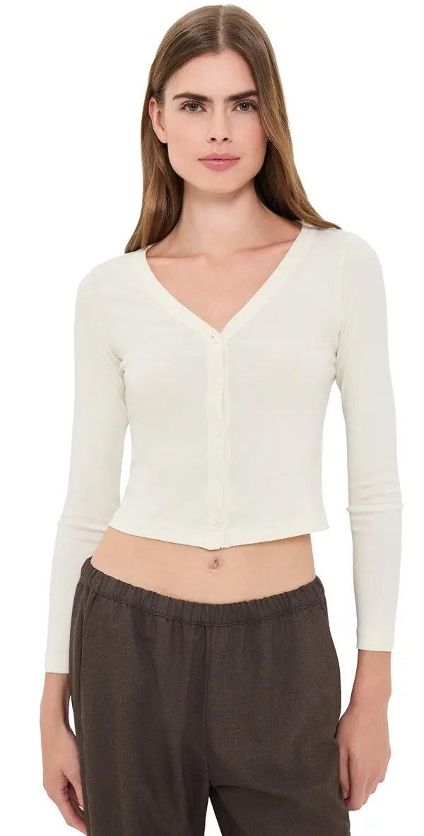 Enza Costa Supima Cotton V-neck Cropped Cardigan - Cloud