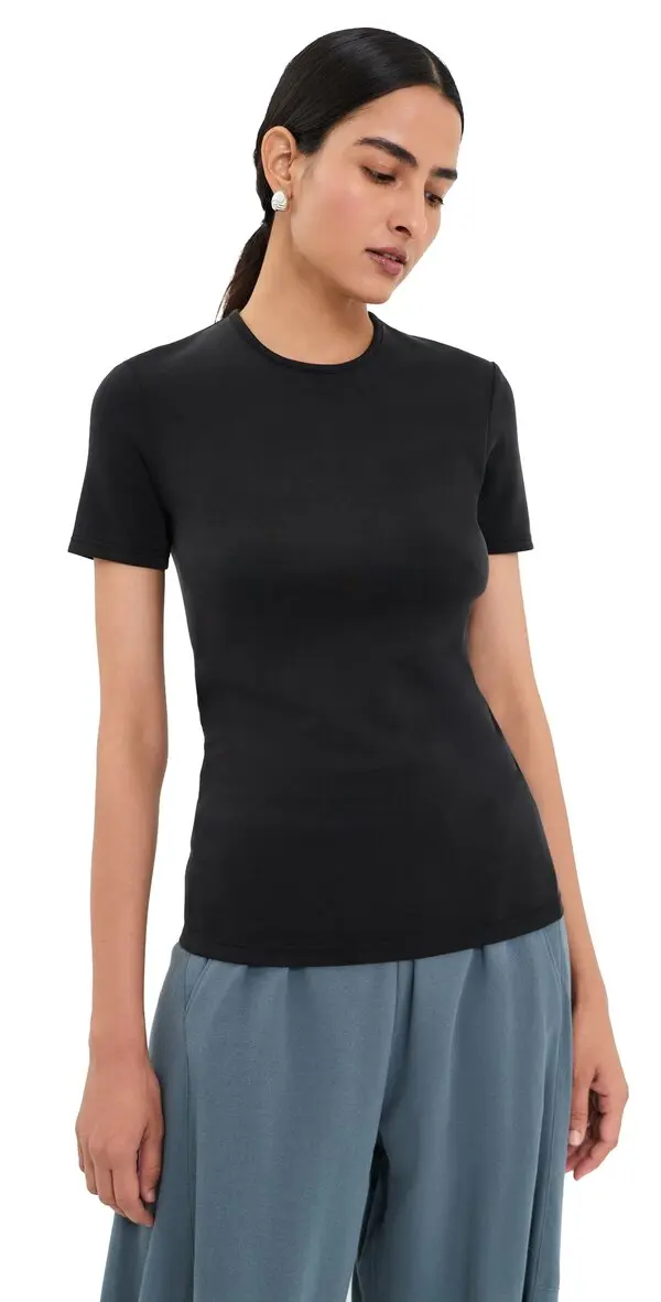 Tibi Feather Weight Viscose Neoprene Short Sleeve Tee - Black